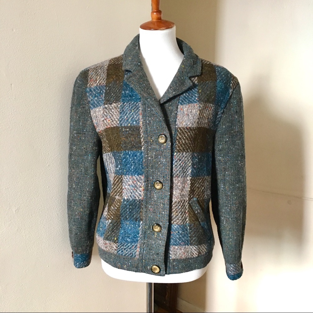 Vintage 1960s Irish Wool Donegal Tweed Jacket Plaid - Gem